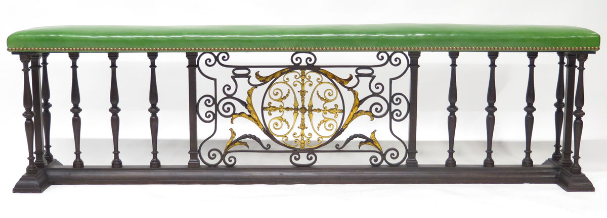 Steel and Gilt Bronze Fireside Bench with Green Leather Upholstery ...