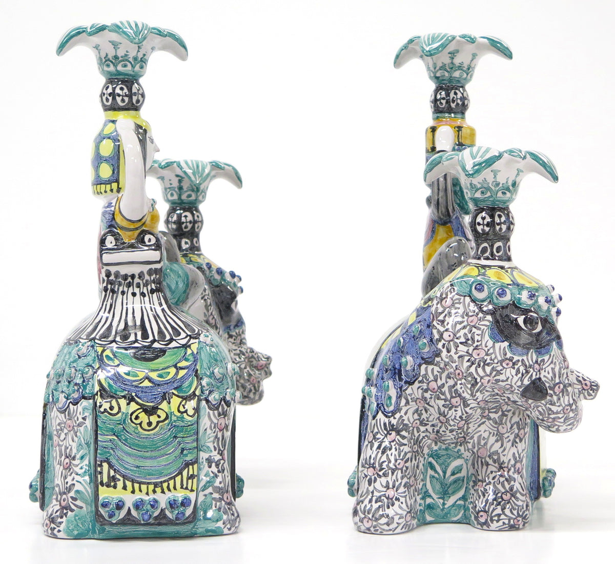 A Pair of Earthenware Candelabras " Queen of Sheba on an Elephant ...
